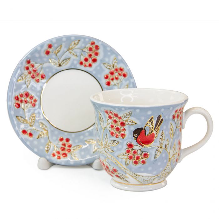Ceramic Cup and Saucer with Robins in Rowan Tree