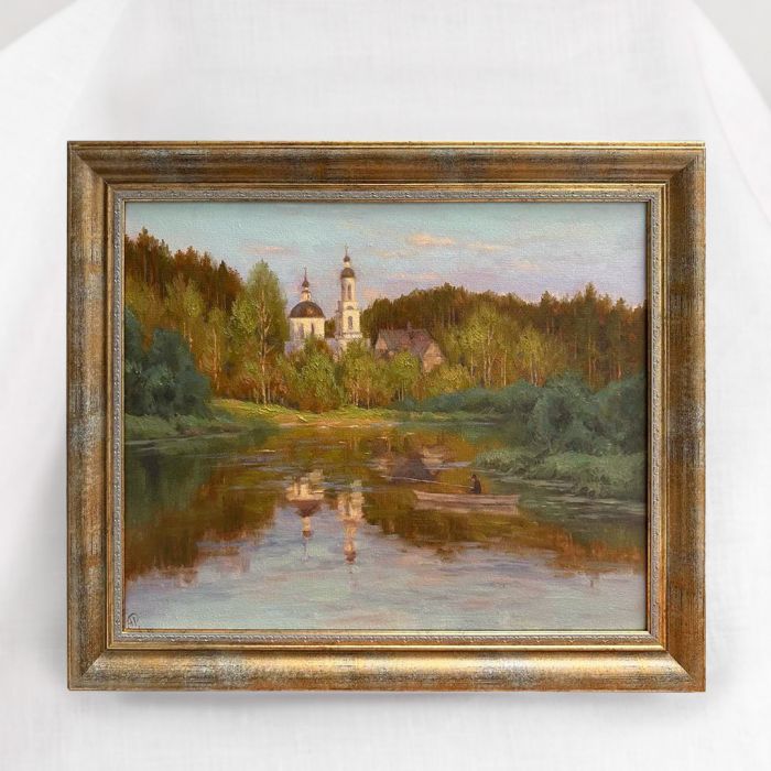 Hand-painted oil Painting of Lake Scenery with a Church buy