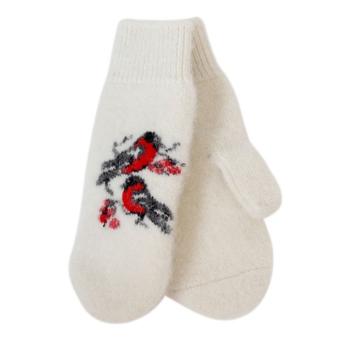 Handmade Wool Mittens with Bullfinch